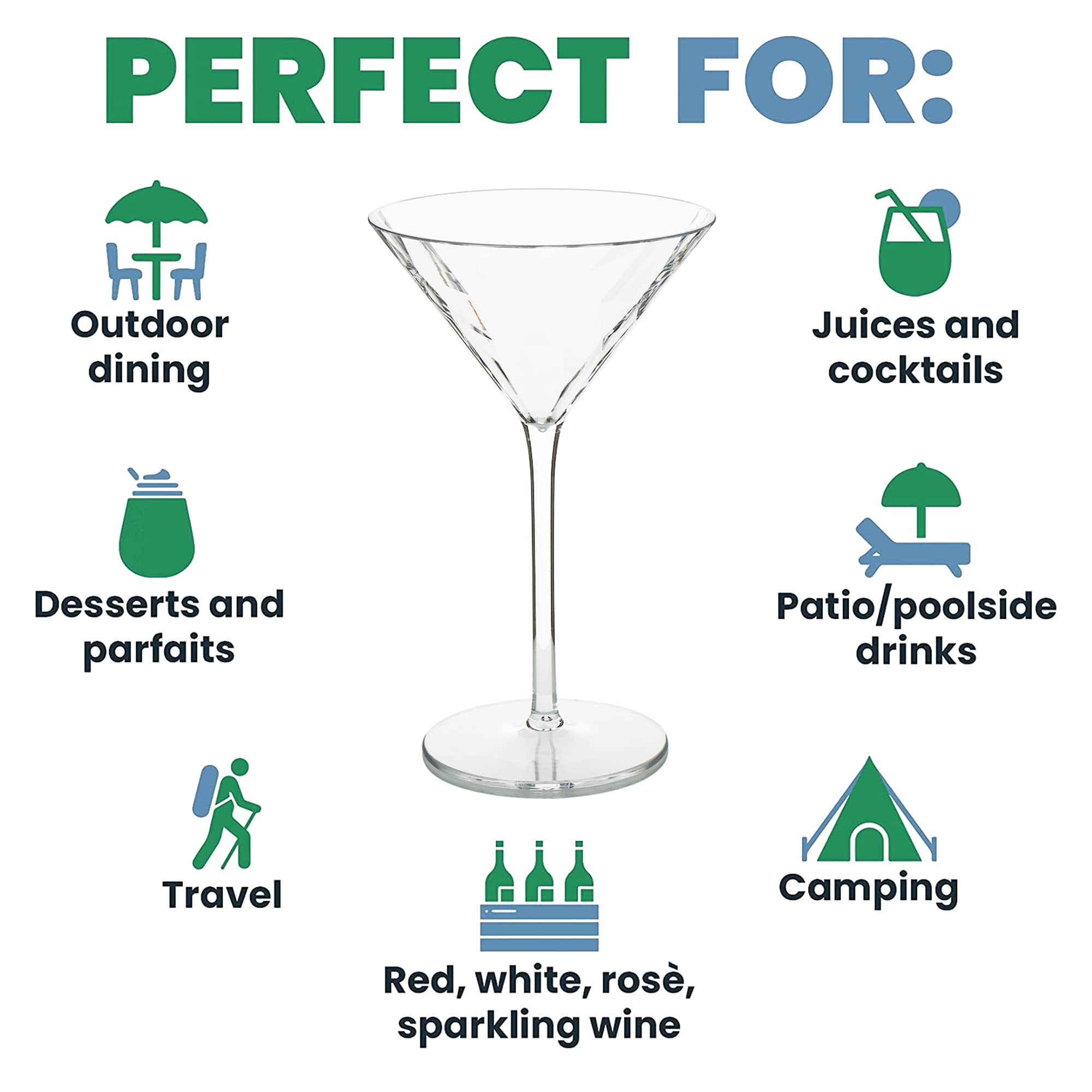 MICHLEY Elegant Cocktail Glasses 100% Tritan Plastic Martini Glasses 8.7oz, Dishwasher Safe, Suitable for Parties, Picnics, Set of 4
