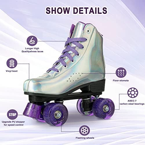 YYW Roller Skate for Women Men Light up Wheel - Double Roller Skater High-top PU Leather Roller Skate Shoes Adjustable PU Roller Skates with Four Piles for Adult Girls Beginners
