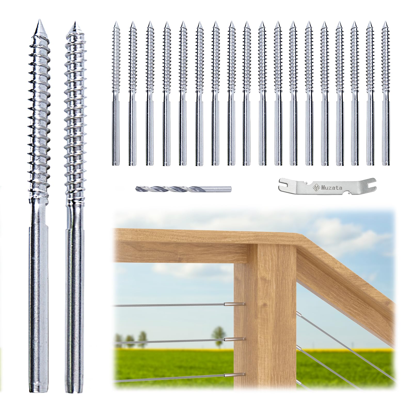 Muzata 20Pack 1/8" Swage Lag Screws Left & Right Cable Railing Hardware Kit Handed Thread for Wood Post T316 Stainless Steel Stair Deck WoodBudget System 10 Pairs CK17