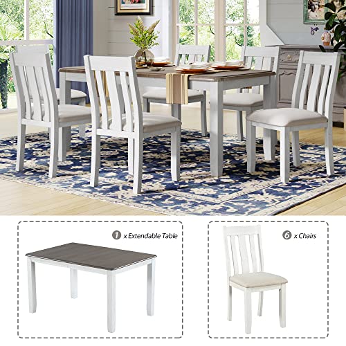 P PURLOVE 7 Piece Dining Table Set, Wood Dining Room Extendable Table and 6 Chairs with Cushions, Retro Style Kitchen Table Set for 6 Persons, Brown and White