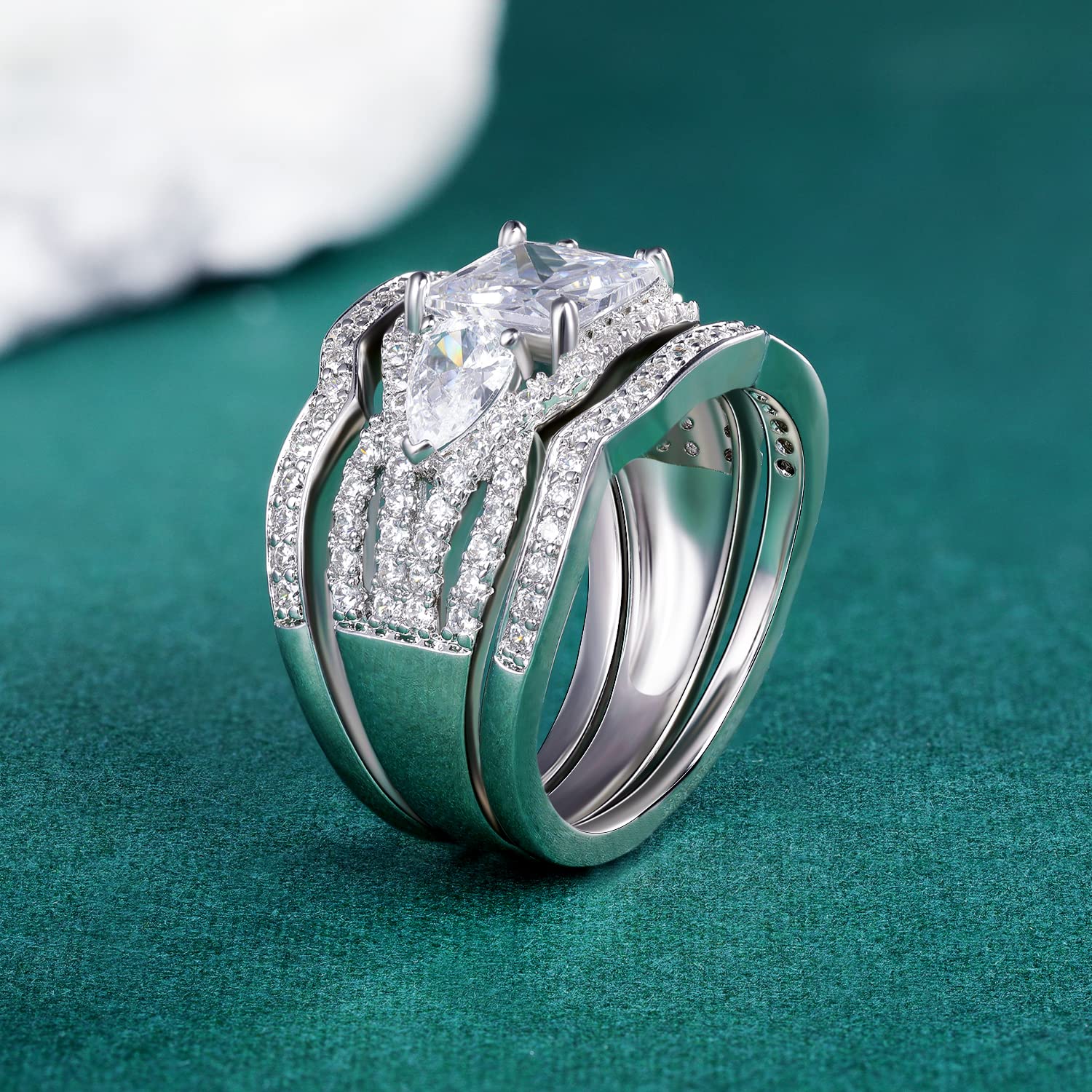 MDFUN Three-In-One Square Wedding Engagement Ring,18K White Gold Plated Cubic Zirconia Promise Eternity Ring for Women (6)