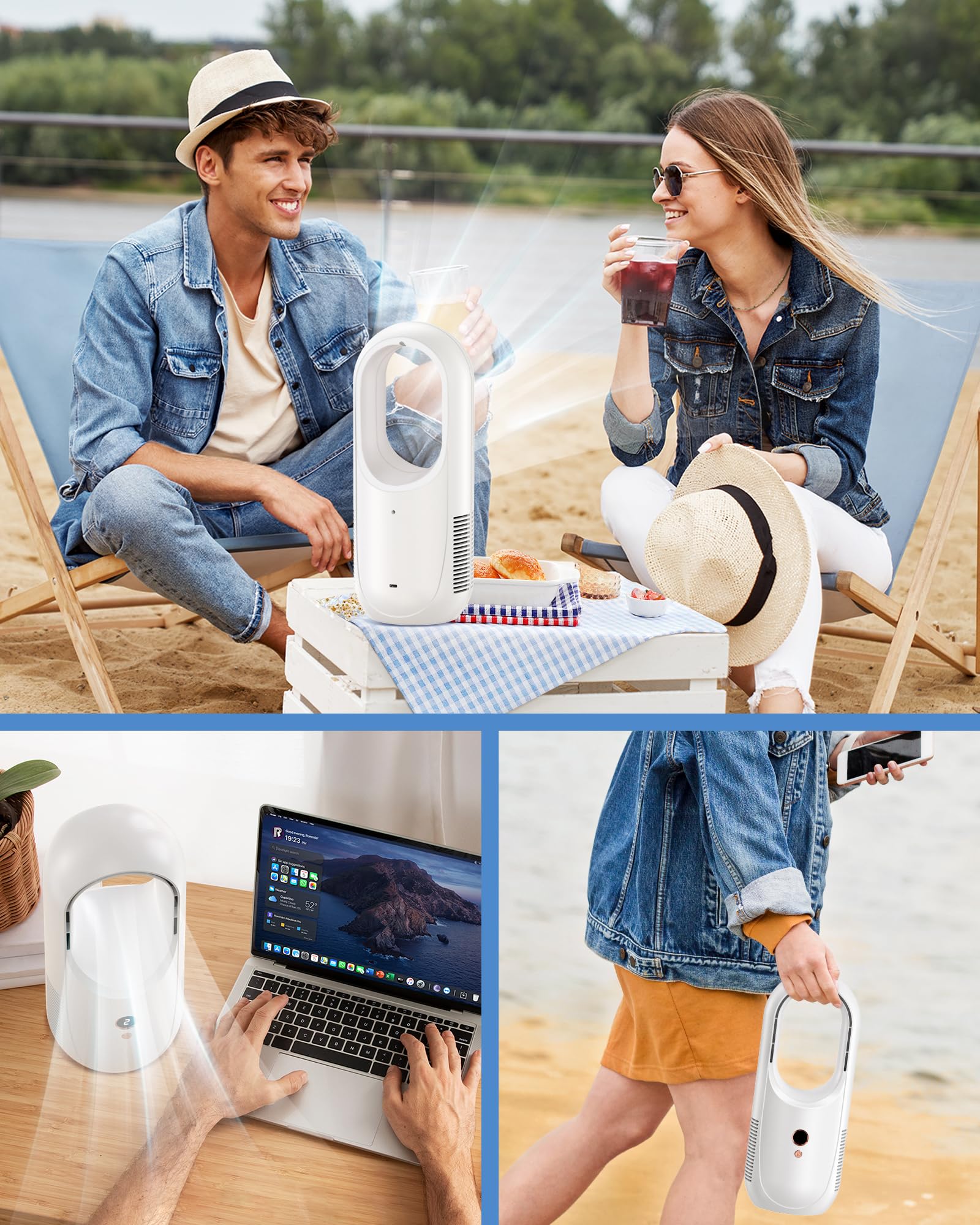 RELEXNOW 13.8" Bladeless Desk Fan - 6 Speed Modes, Small Bladelss rechargeable fan with 6000mAh Battery, Quite Office fan, Easy to Clean & Touch Control, Desk Fan Small Quite for Office, Bedroom