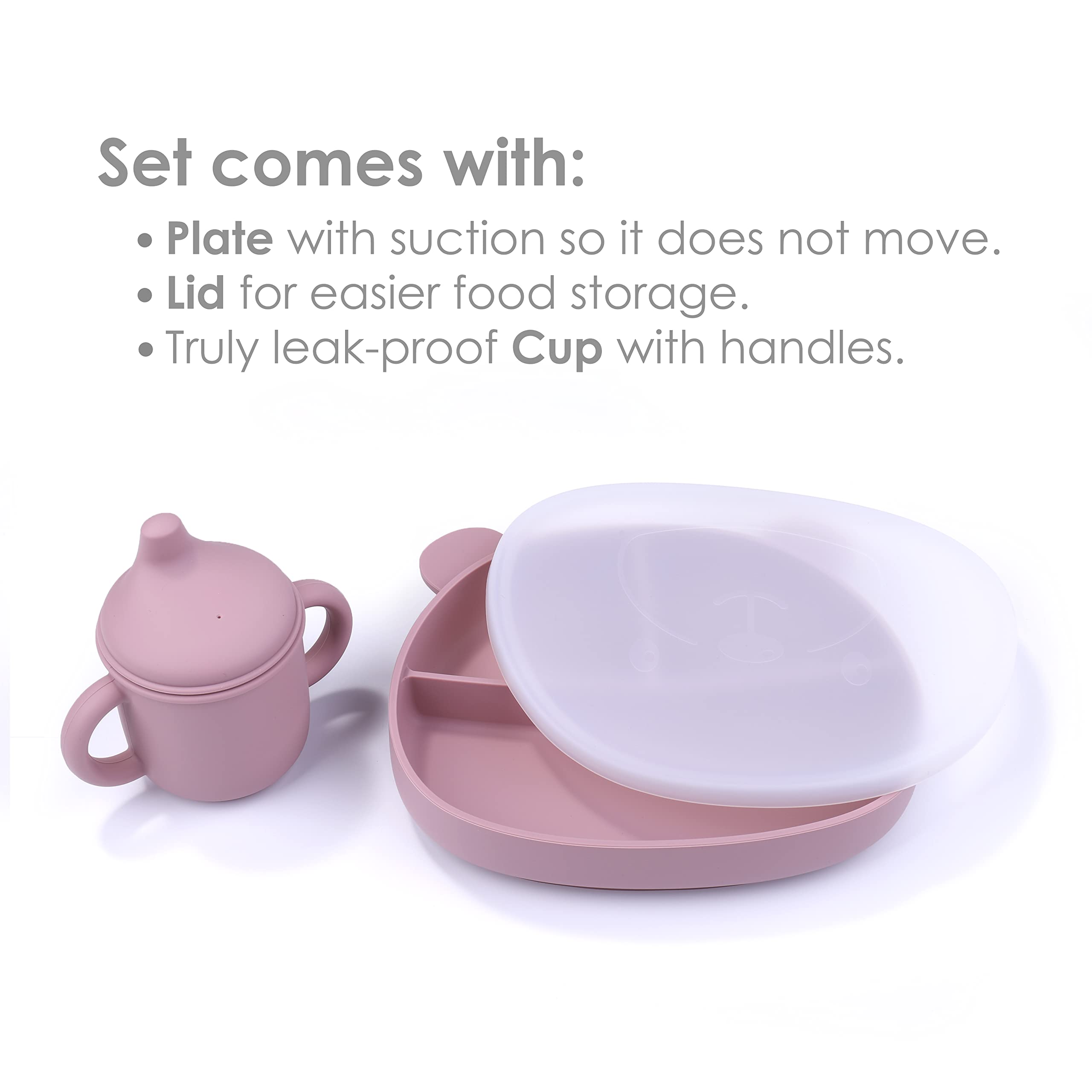 Silicone Baby Feeding Set, 6 Colors, Spill-proof Cup and Suction Plate with Lid, Divided Plate, Sippy Cup with handles for Baby & Toddlers. Leak-proof. (Gray)