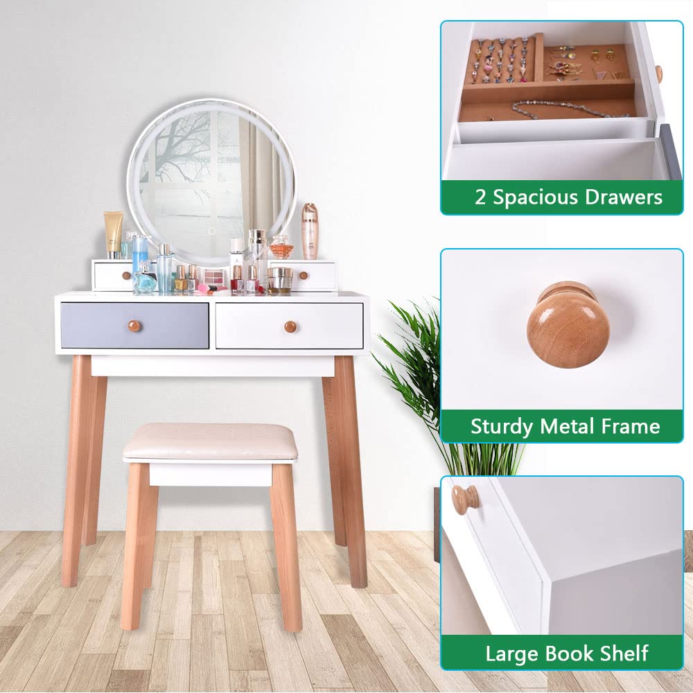 Goujxcy Vanity with Lights and Mirror Desk and Chair (White)
