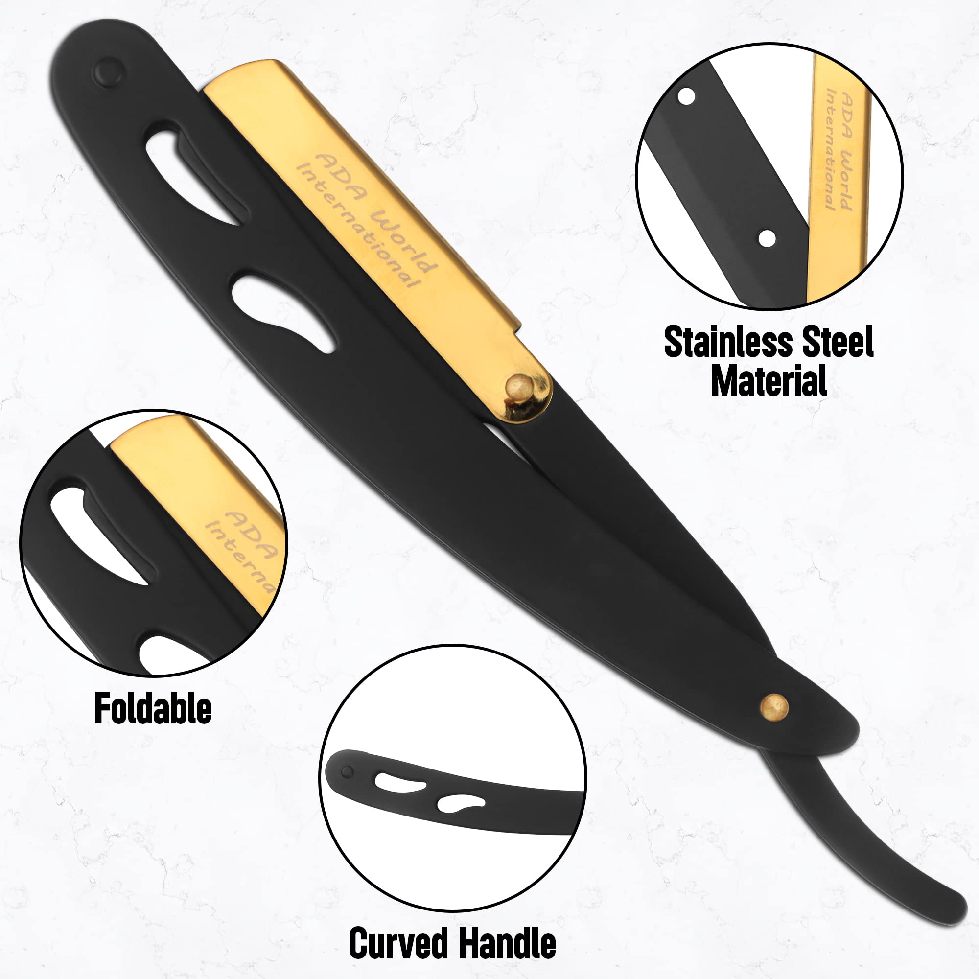 Professional Straight Edge Shaving Razor Barber Razors For Men + Single Blades 10 Pcs, Men's Manual Shaver Salon Quality Matte Black (Mat-Gold)