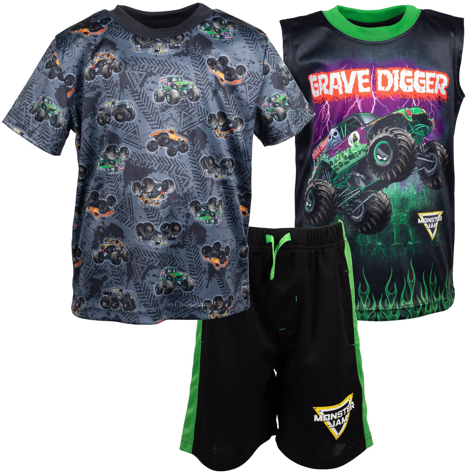 Monster Jam Toddler Boys Graphic T-Shirt Tank Top Mesh Shorts 3 Piece Outfit Set Black 4T