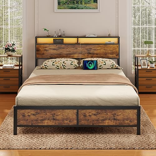 SYING88 Modern Bed Frame with LED Lights and 2 USB Ports Industrial Style,Bed Frame with Headboard/Noise-Free/No Box Spring Required for Bedrooms and Small Apartment(Antique Brown (Queen)