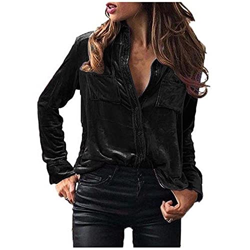 Women's Tops Vintage Velvet Long Sleeve Tunic Tees Casual Button Down V Neck T Shirt Solid Color Comfy Soft Blouse