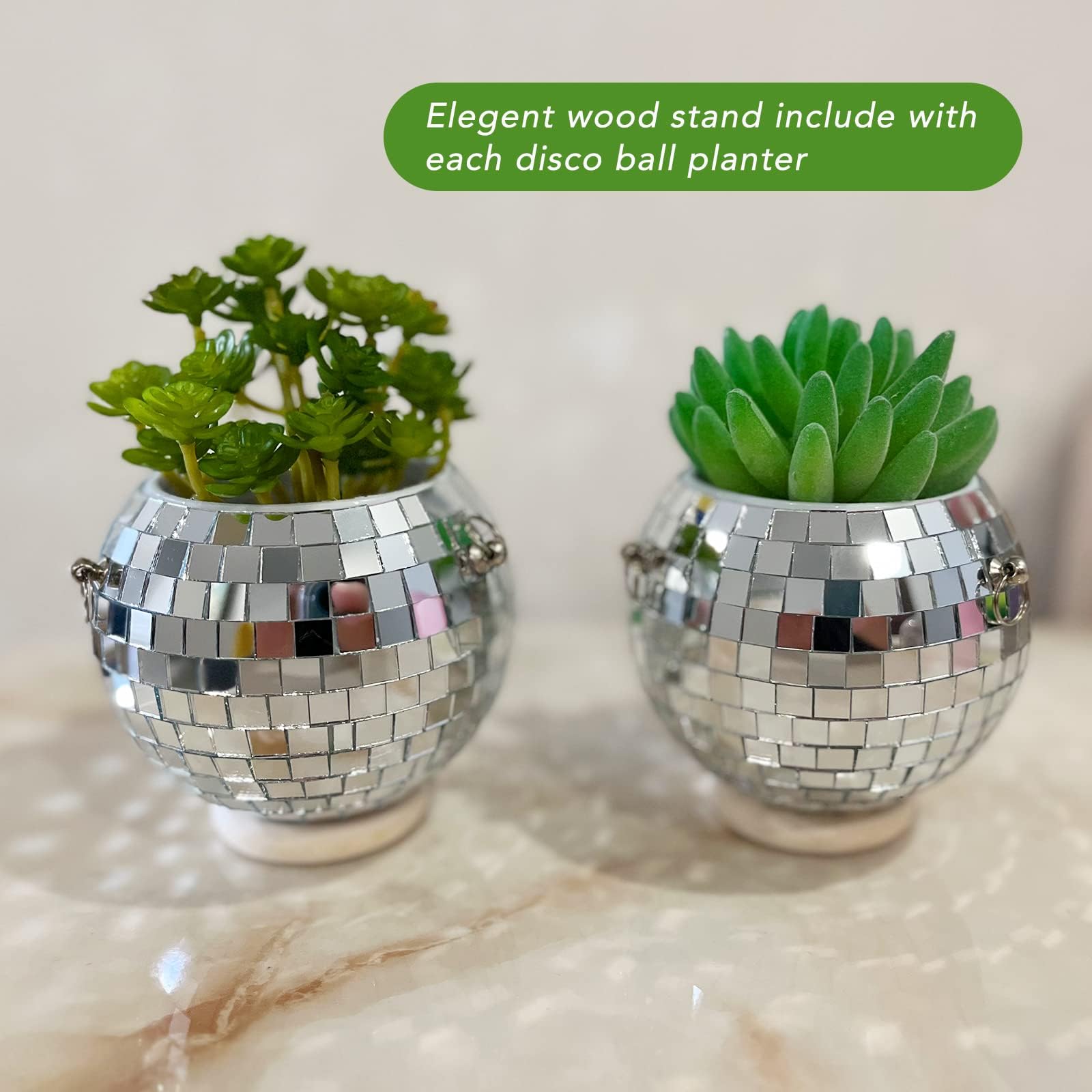 ORIKASO 2 Pcs 4" Disco Ball Planter with Chain - Mirror Ball Flower Succulents Pots - Home Boho Hanging Planter - Ideal for Indoor and Outdoor Decorations