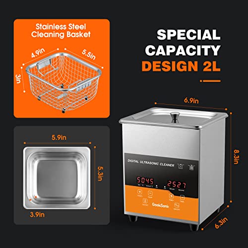 Ultrasonic Cleaner 2L with Heater and Timer, Ultrasonic Cleaning Machine with 40kHz SUS 304 Stainless Steel, Sonic Cavitation Machine with Digital Control for Professional Jewelry Watch Glasses