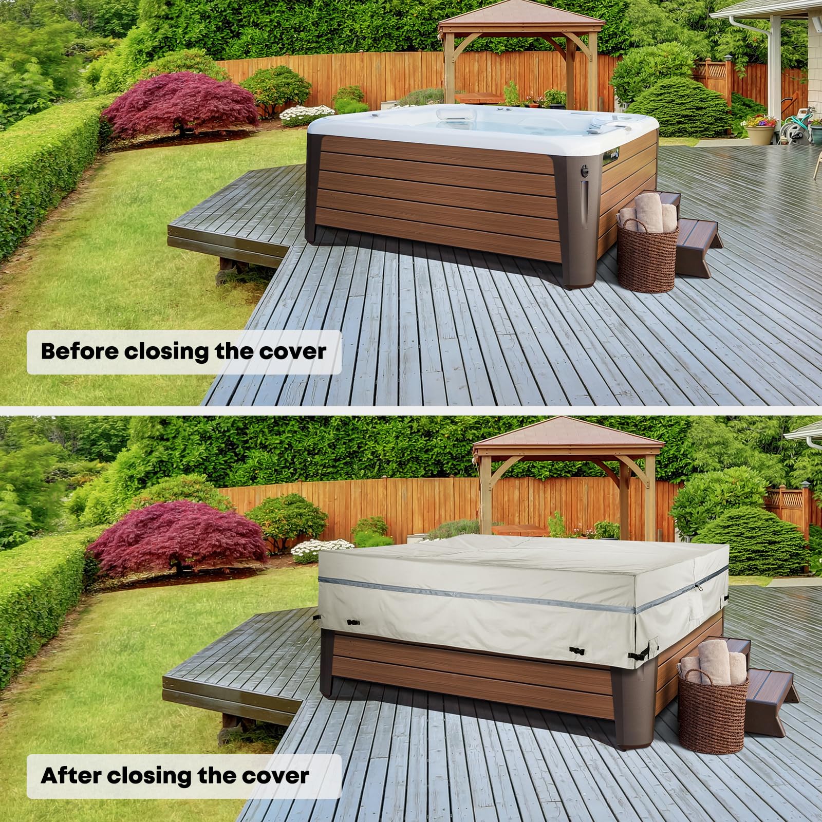 PatioGem Hot Tub Cover Protector, Outdoor SPA Covers for Hot Tub, Heavy Duty 600D Polyester Waterproof UV Protection Hot Tub Covers Replacement, Square SPA Cover Protector 95 x 95 x 20 inch, Grey