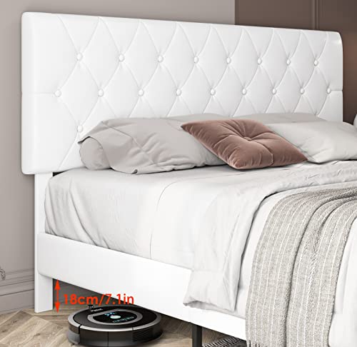 TTVIEW Upholstered Queen Bed Frame with Button Tufted Headboard, Modern Faux Leather Platform Bed with Wooden Slat Support, No Box Spring Needed, Sturdy and Noise-Free, Easy Assembly, White