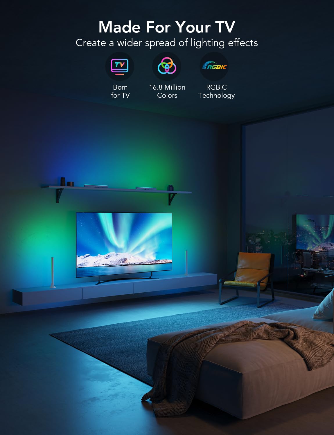 Govee RGBIC Light Bars, 15 Inches WiFi TV Backlight with Double Light Beads, Smart Light Bars with Multiple Placement Options Suitable for 45-70 inch TVs, Work with Alexa and Google Assistant, White