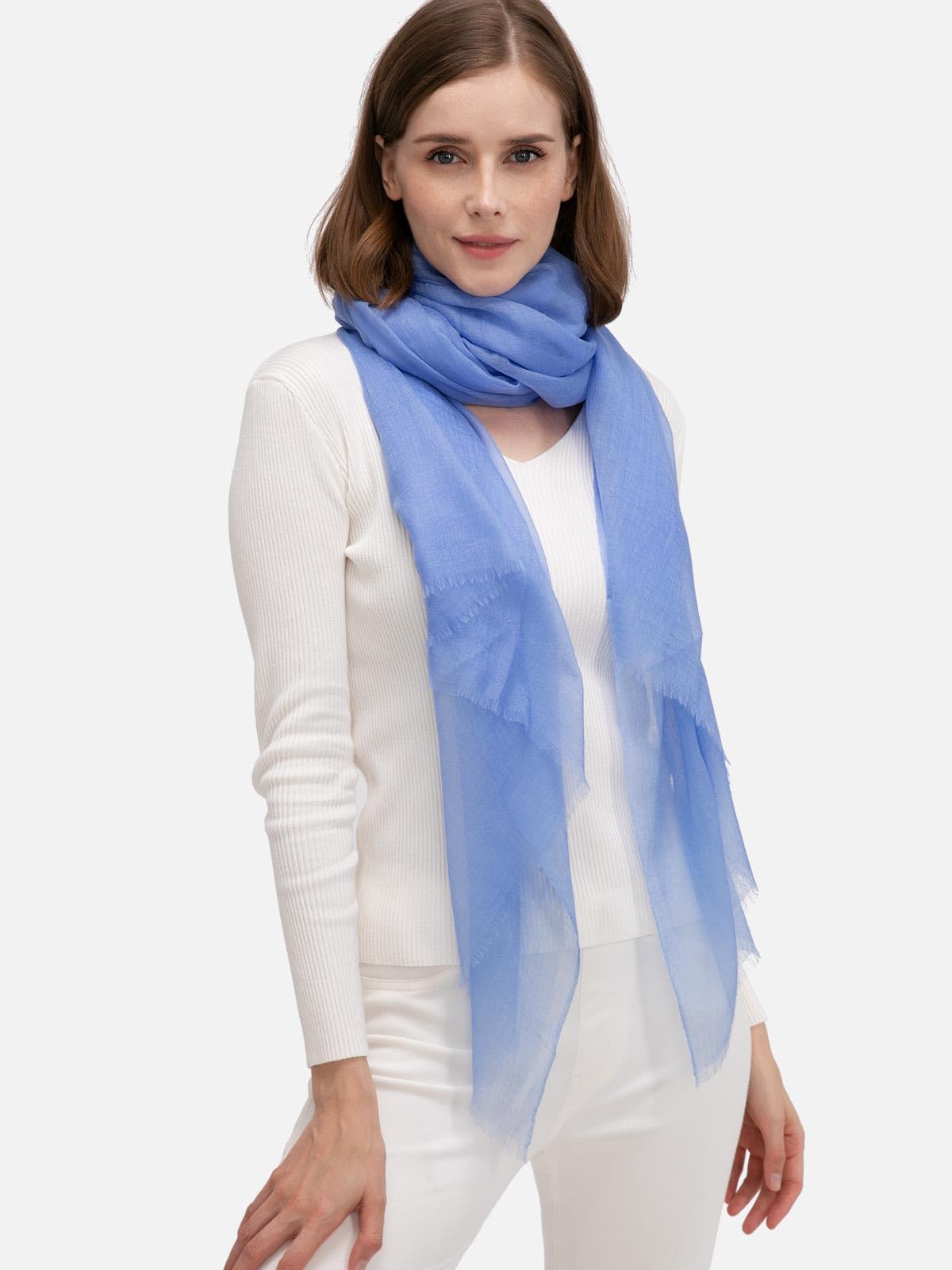 Ovcio Featherlight Cornflower Blue Cashmere Scarf - 100% Pure Cashmere Wrap Scarf for Women (87x39) with Gift Box