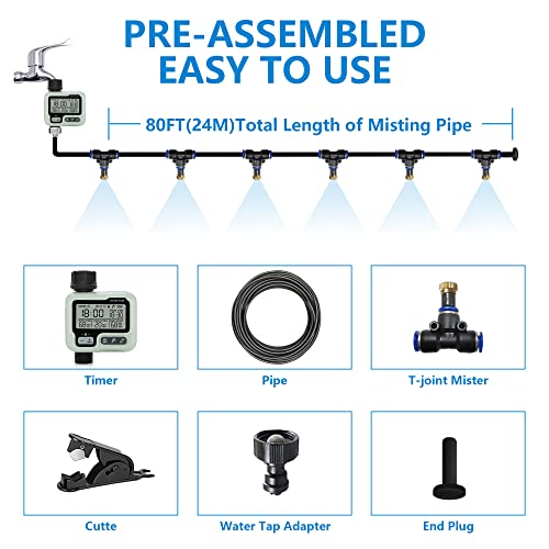 Misting Cooling System,Outside Water Misters for Outdoor Patio,80Ft(24M),Backyard Mist Hose Kits with Sprinkler Timer Yard,Lawn,Garden,Greenhouse,Fan,Umbrella,Canopy,Pool,Porch,BBQ Party Accessorie