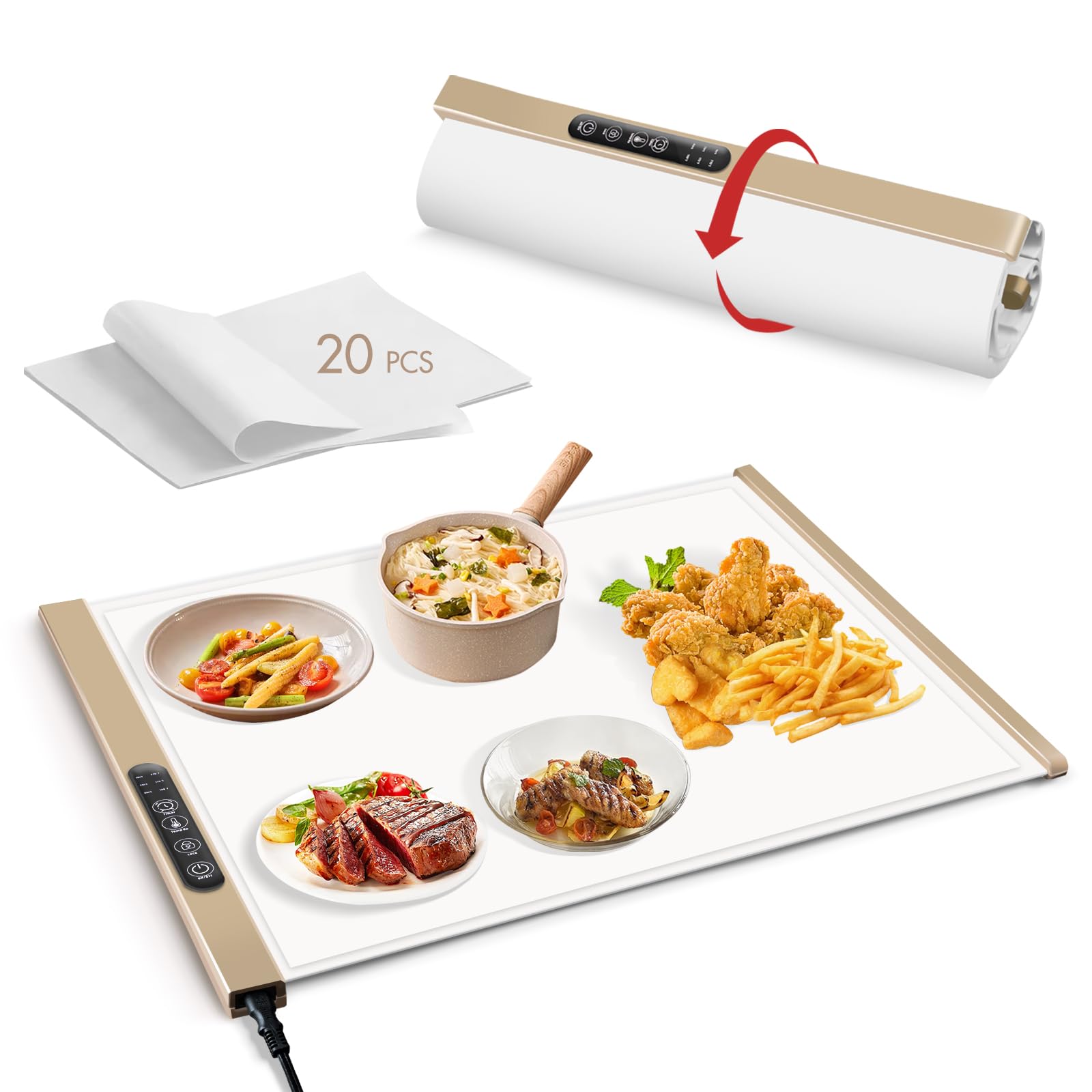 Silicone Food Warming Mat, Portable Electric Heating Tray with 3 Adjustable Temperature Settings Safety Lock Kitchen Warmer Mat Roll Up Family Party Indoor Outdoor Camping Thanksgiving