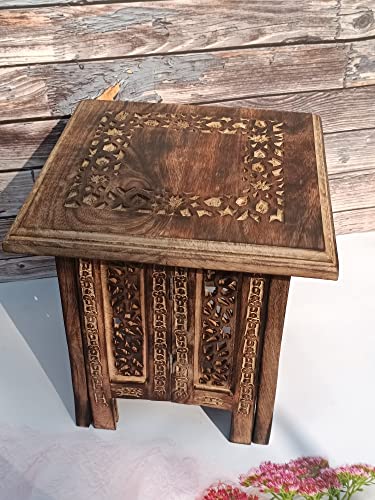 SUNDERSHALA Antique Wooden Square Shape for Adults Hand Carving Foldable Coffee Stool Indoor and Outdoor, Garden Patio Backyard (Brown, 12.76 x 12.68 x 5.55 inches)
