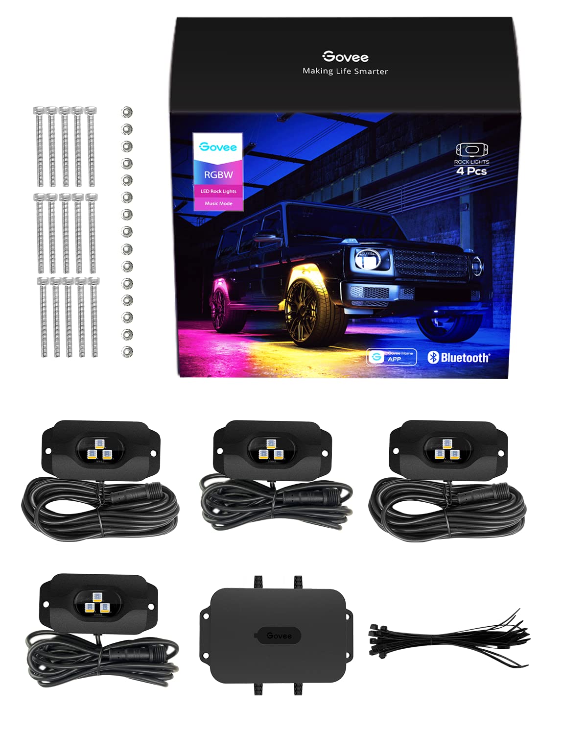 Govee Rock Lights with Smart APP Control, RGBW Underglow Car 64 Scene Modes, 4 Pods Warm White Under IP67 Waterproof and Reactive Music Mode for Cars, Trucks, DC 12V