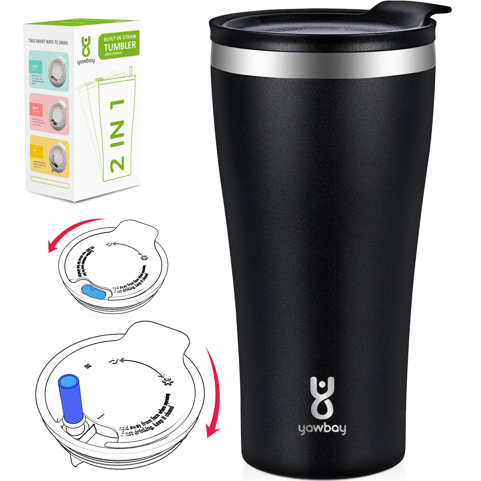 Yawbay Insulated Coffee Tumbler With Built-In Straw, 20 oz Travel Coffee Mug With 2-In-1 Lid, Spill Proof Tumbler With Straw, Stainless Steel Double Wall Vacuum Ice Coffee Thermal Cup (Black)