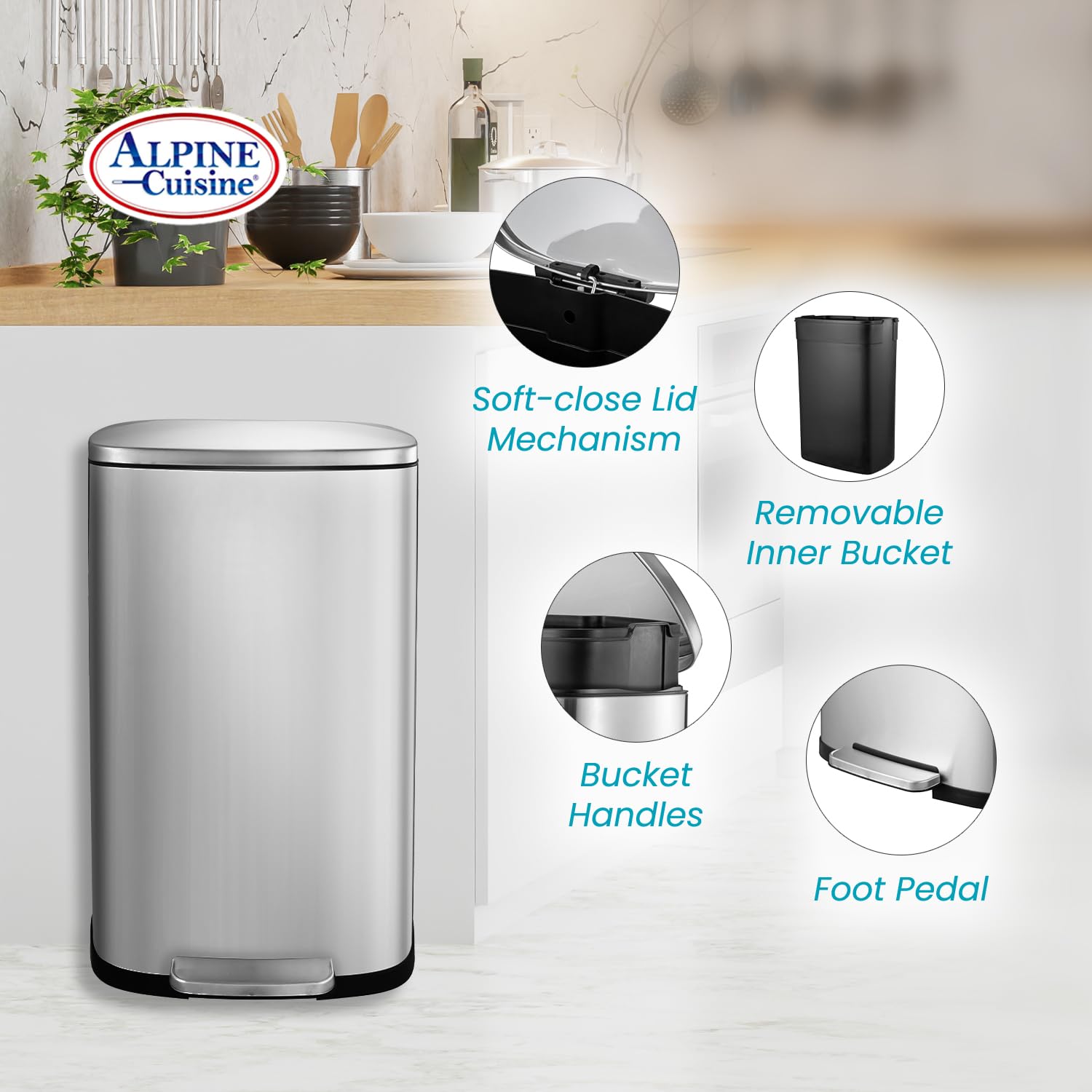 Stainless Steel Step Trash Bin - 13 Gallon (50L) Rectangular Pedal Bin with Soft Close Lid & Removable Inner Bucket, Fingerprint-Resistant Kitchen Trash Can, Ideal for Home, Office, or Commercial Use