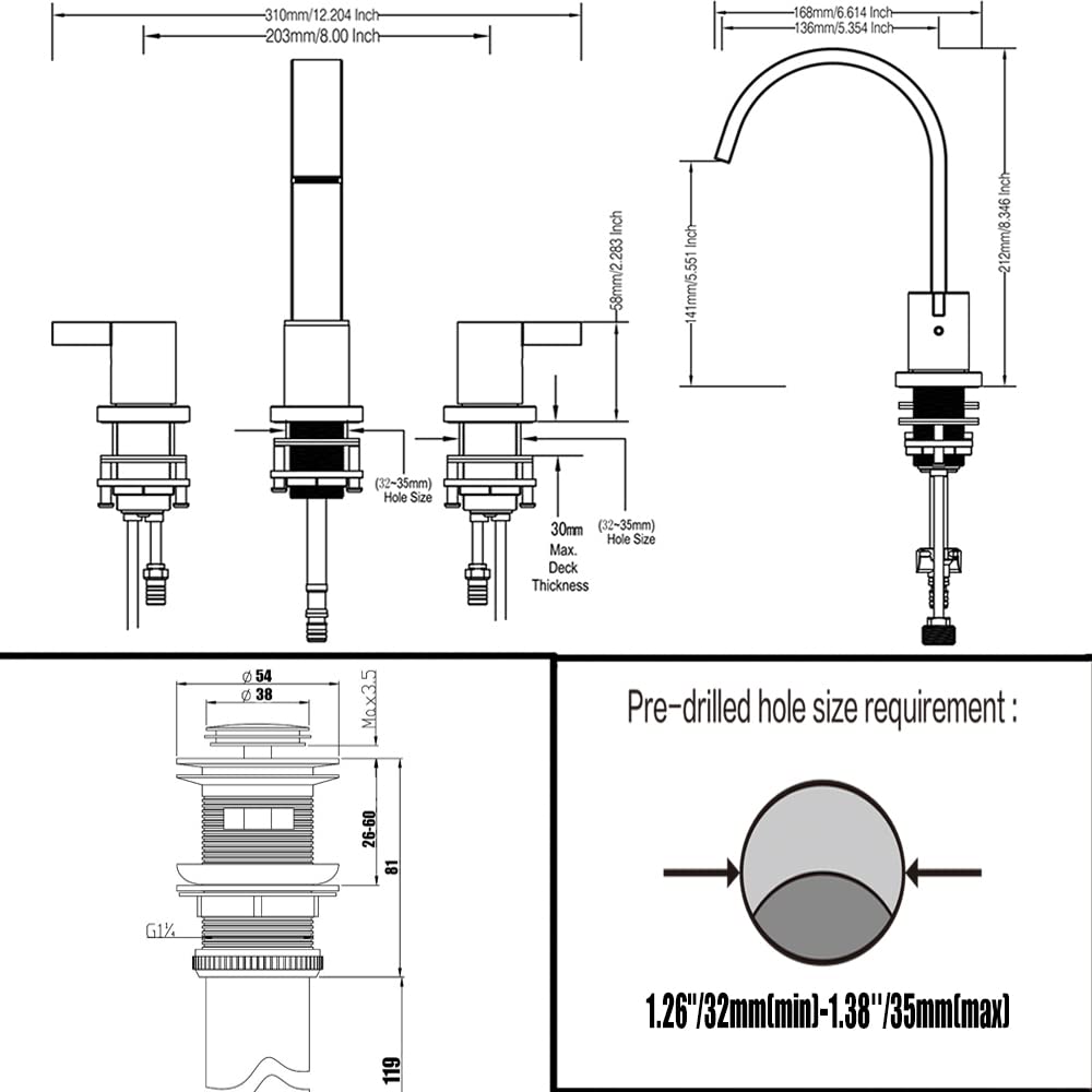 Phiestina 8 Inch Brushed Nickel Waterfall 2-Handle 3-Hole Widespread Bathroom Faucet with Pop-up Drain and Valve, WF40-1-BN
