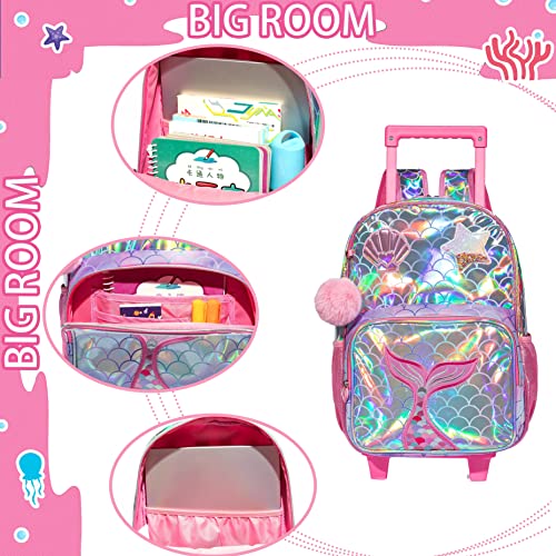 ZBAOGTW Mermaid Rolling Backpack for Girls Kids Backpack with Wheels for Elementary Kindergarten Girls Wheeled Backpack Carry on Luggage for School Travel