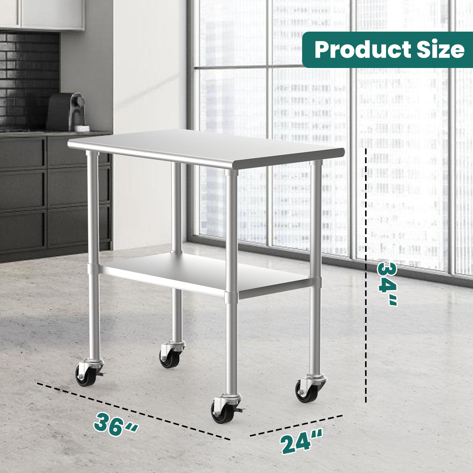 YBLFDY Stainless Steel Table with Wheels, 30x24 Metal Table NSF Stainless Steel Prep Table with Adjustable Undershelf and Backsplash,Stainless Table for Home,Kitchen,Garage,Garden