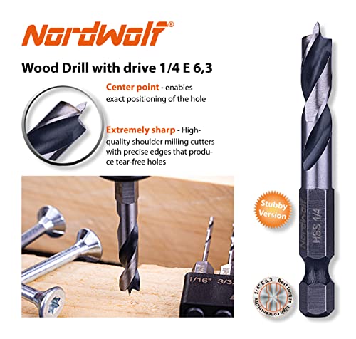 NordWolf 7-Piece HSS Brad Point Stubby Wood Drill Bit Set with 1/4" Hex Shank for Carpenter Woodworking, SAE Sizes 1/16"-3/32"-1/8"-3/16"-1/4"-5/16"-3/8"