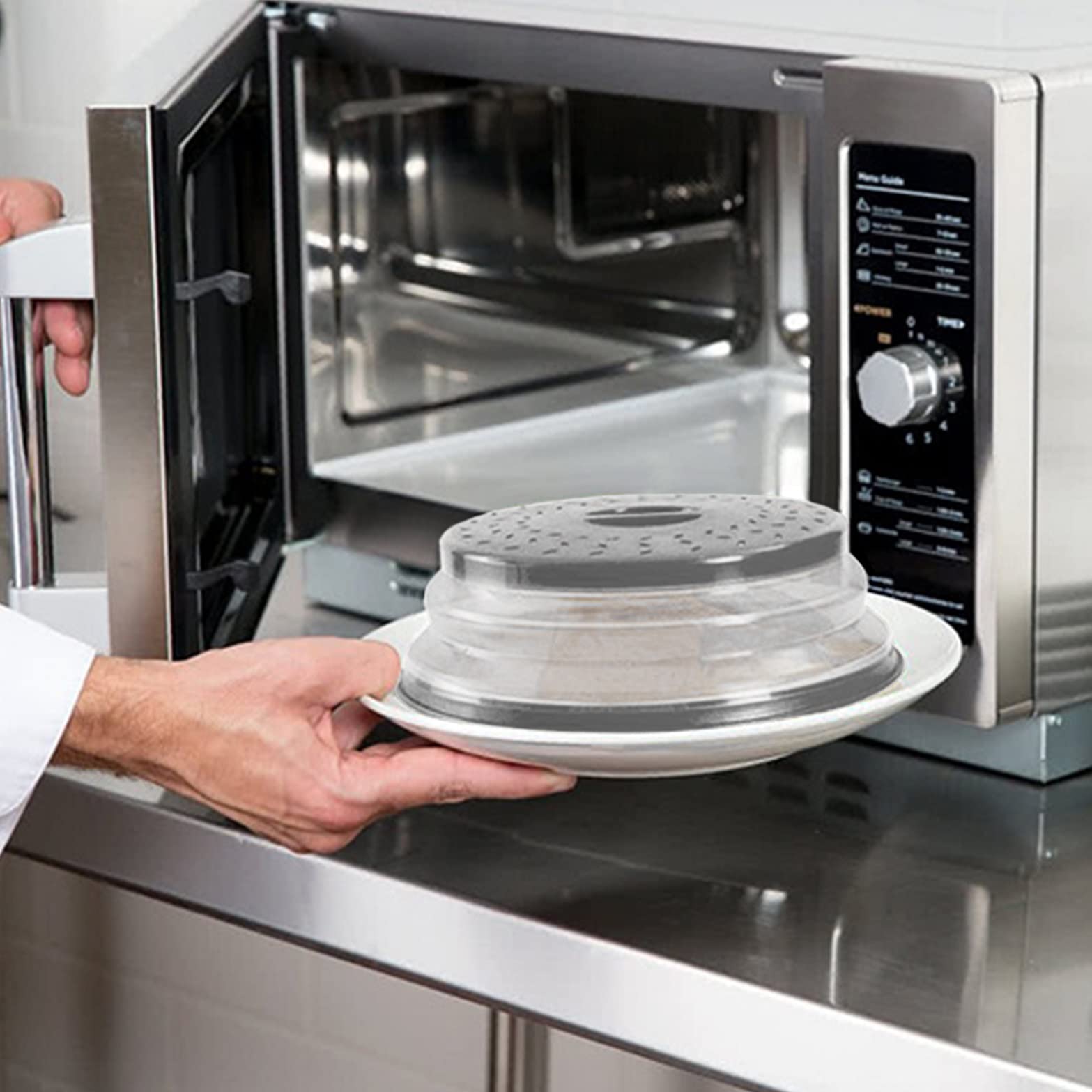 Microwave Splatter Cover for Food, Vented Collapsible Microwave Plate Cover with Easy Grip Handle,BPA-Free Silicone & Plastic, Gray, 10.5 inch
