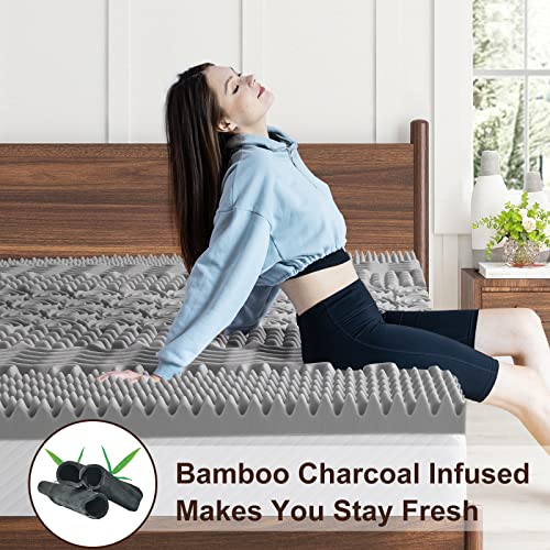 UniPon 3 Inch Egg Crate Memory Foam Mattress Topper, Charcoal Infused Mattress Topper, 7 Zones Foam Bed Topper, CertiPUR-US Certified (Queen)