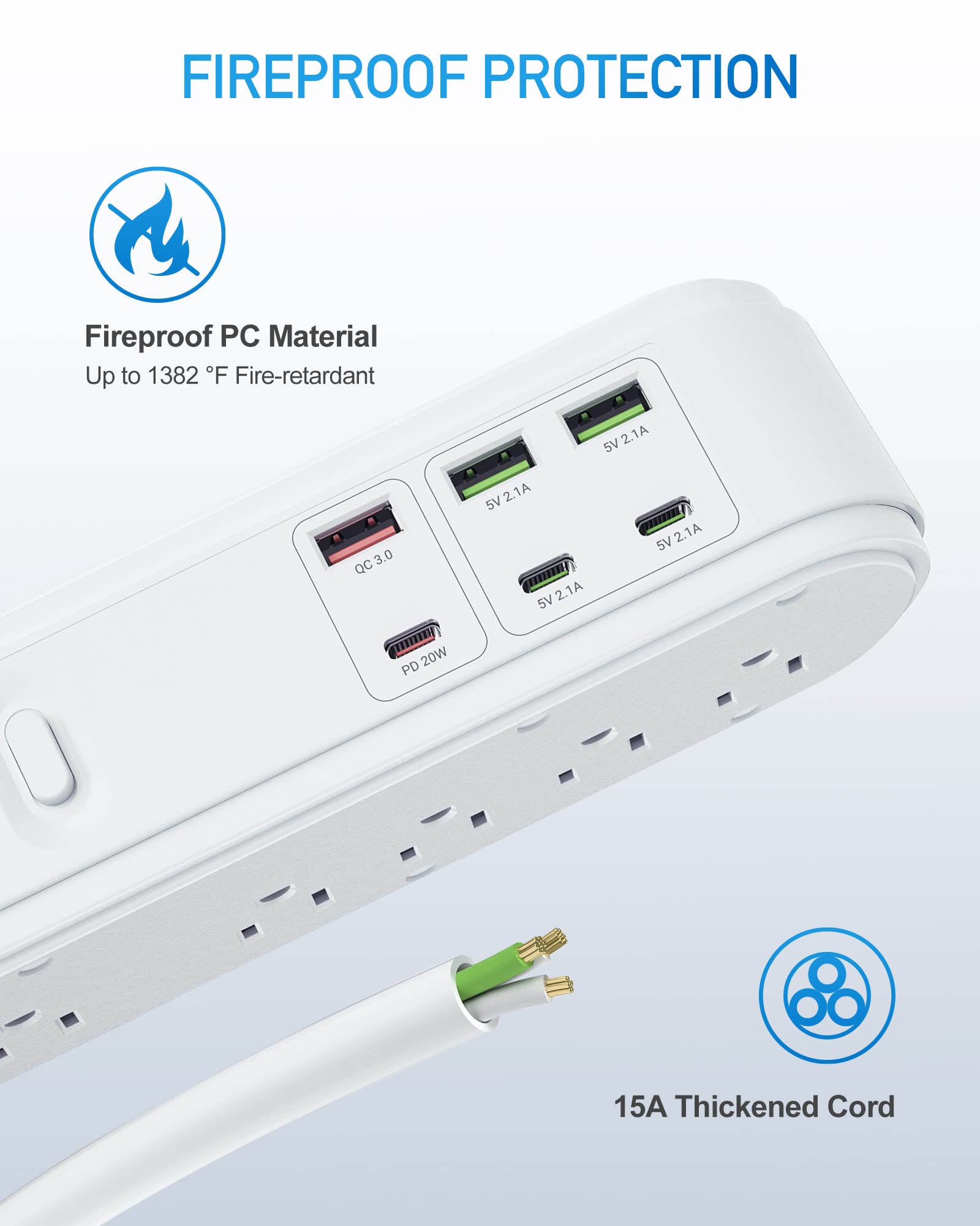 PD 20W Surge Protector, 10 Outlets and 3 USB C&3 USB A Ports, 6ft Extension Cord, Overload Protection, Desktop High-Speed Charging Station Power Bar for iPhone 14, 1875W/15A, 4500J