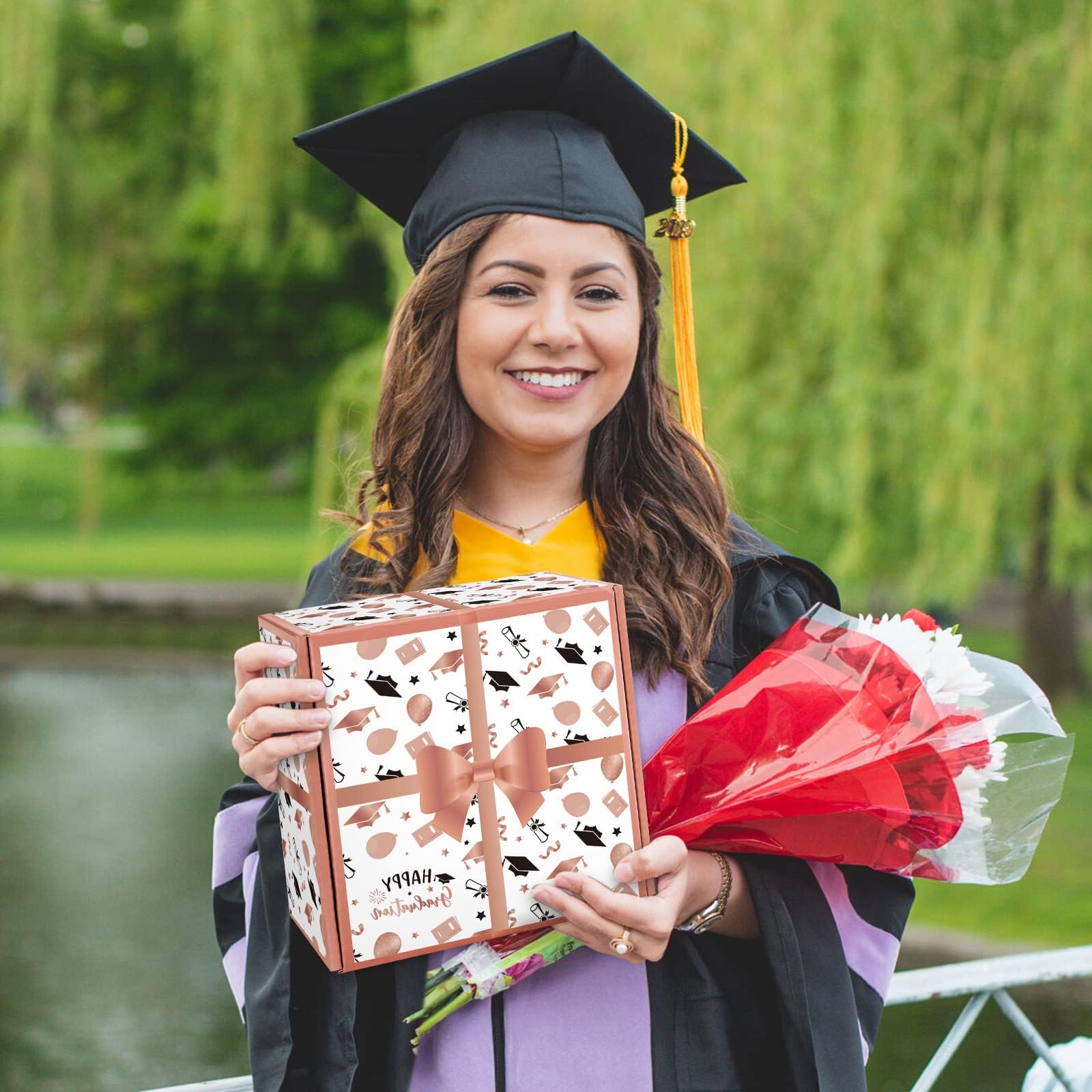 Levfla Graduation Gifts Set, Congratulations Present Box for Her Girl Women College Student with Pre-Packed Wine Glass Grad Cap Bath Bomb Makeup Bag Candle Card Rose Gold