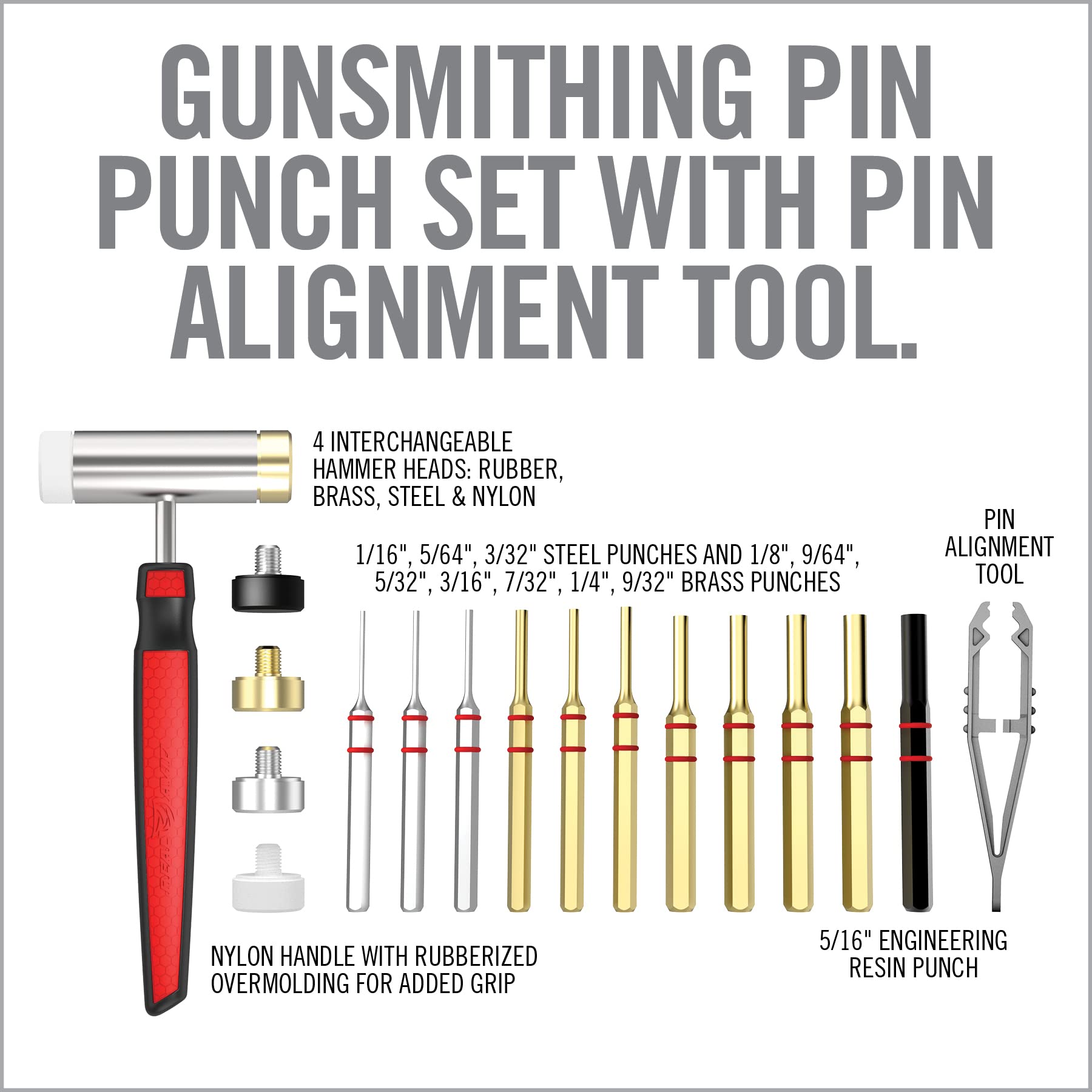 Real Avid Brass Punch Set & Hammer + Non-Slip Magnetic Bench Block | 7 Premium Brass Pin Punches & 3 Steel Punches, 4 Interchangeable Hammer Heads - Brass Steel Rubber & Nylon + Universal Bench Block