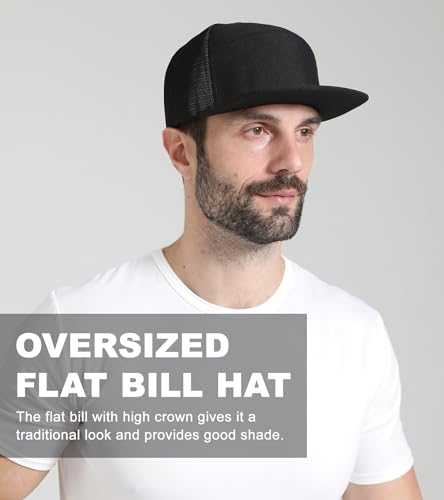 Oversize XXL Blank Flatbill Mesh Snapback Cap Black 2XL, XXL Flat Bill Hat 6 Panel Camper Style