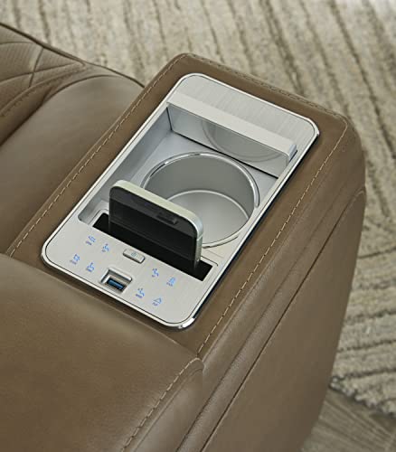 Signature Design by Ashley Strikefirst Contemporary Tufted Leather Power Reclining Loveseat with Console and Adjustable Headrest, Light Brown