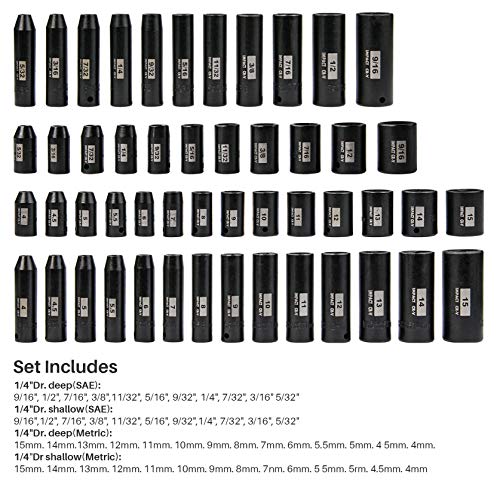 SEKETMAN 50-Piece 1/4" Inch Drive Deep And Shallow Impact Socket Set, SAE/Metric(5/32-Inch to 9/16-Inch and 4-15mm),CR-V-50BV30