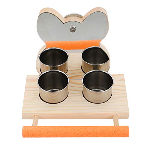 Parrot Mirror with Water Food Bowl Wood Holder Cage Accessory Feeding Bowl Parakeet Toys
