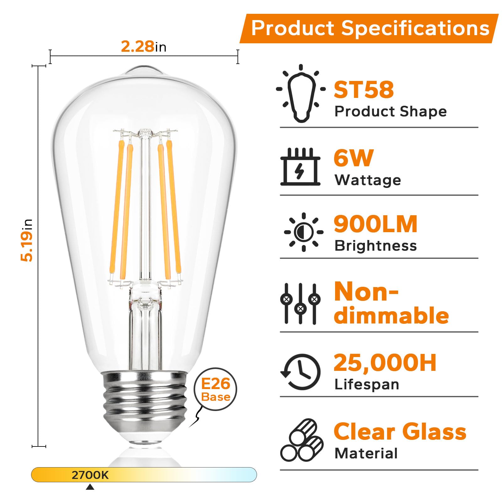 TOBUSA Vintage LED Edison Light Bulbs 60W Equivalent, 900LM Super Bright LED Bulbs, 6W ST58 Antique LED Filament Bulbs, 2700K Warm White, E26 Base Non-Dimmable Bulbs for Home, Office, 12-Pack