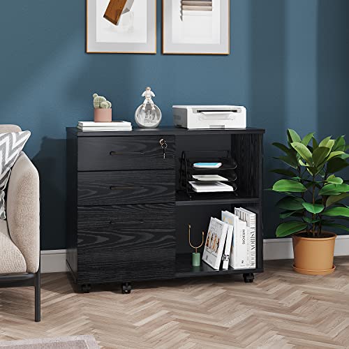 Wood File Cabinet, 3 Drawer Mobile Lateral Filing Cabinet On Wheels, Printer Stand with Open Storage Shelves for Home Office (Black 2)