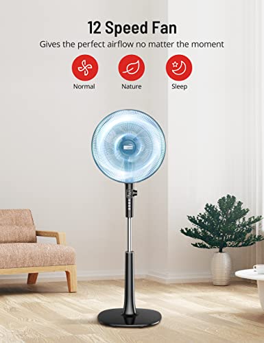 PARIS RHÔNE Fans for Home Bedroom, Oscillating Fan with Remote,16" Standing Floor Fans for Home, Dual Blade with 3 Wind Modes 12 Speed Levels,18-Hour Timer, Adjustable Height 44 to 53.1 Inch, Black
