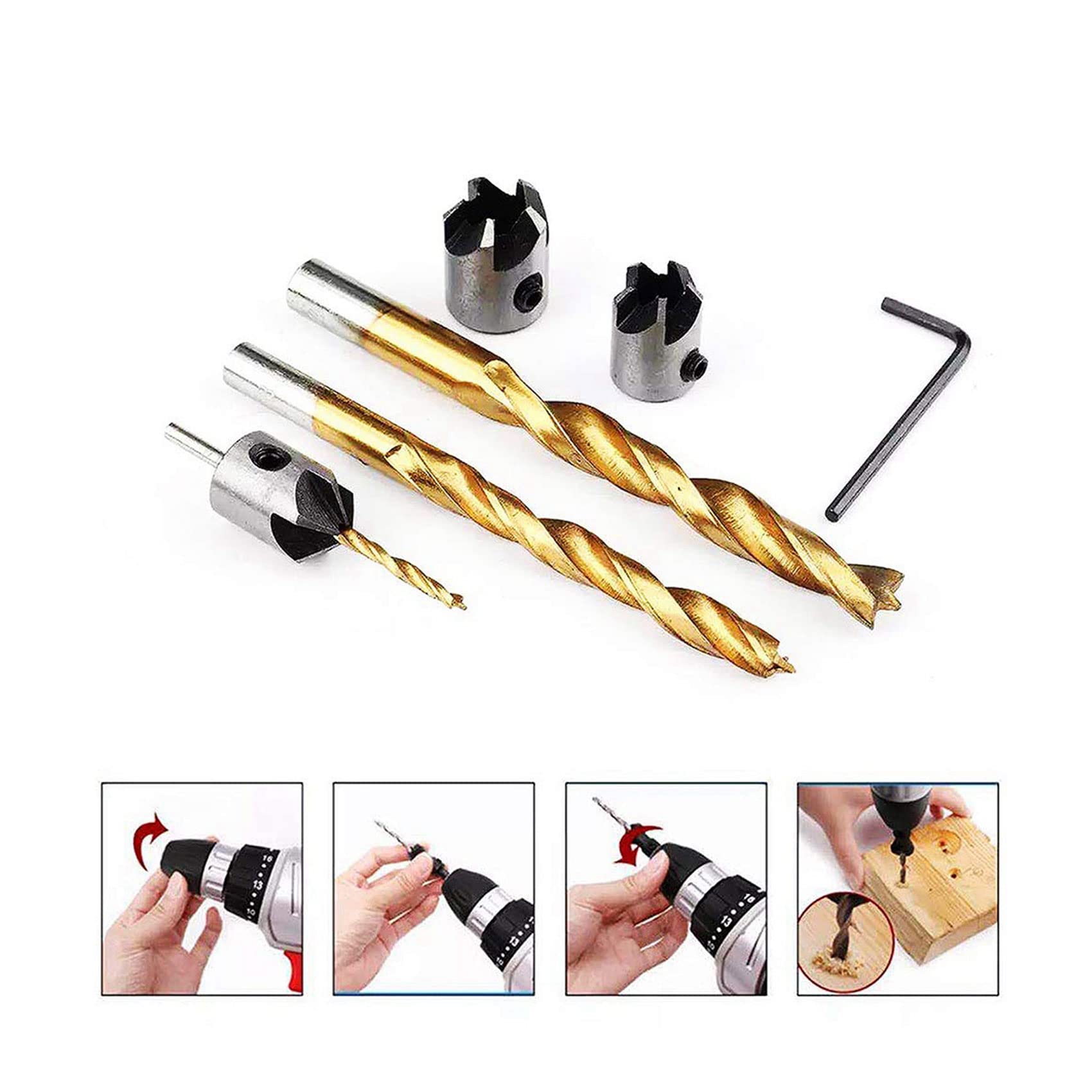 Pteanecay Titanium Coated Countersink Drill Bit Set Woodworking Carpentry Reamer Tool Set with Hex Key Wrench,4 PCS