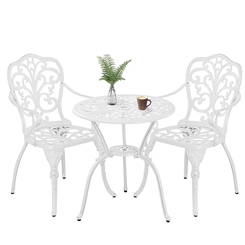 PATIO-IN Bistro Set 3 Piece Outdoor Patio Set, Rust Resistant Bistro Table and Chairs Furniture with Umbrella Hole, Cast Aluminum Bistro Table Set of 2 for Porch,Lawn,Garden,Backyard, White