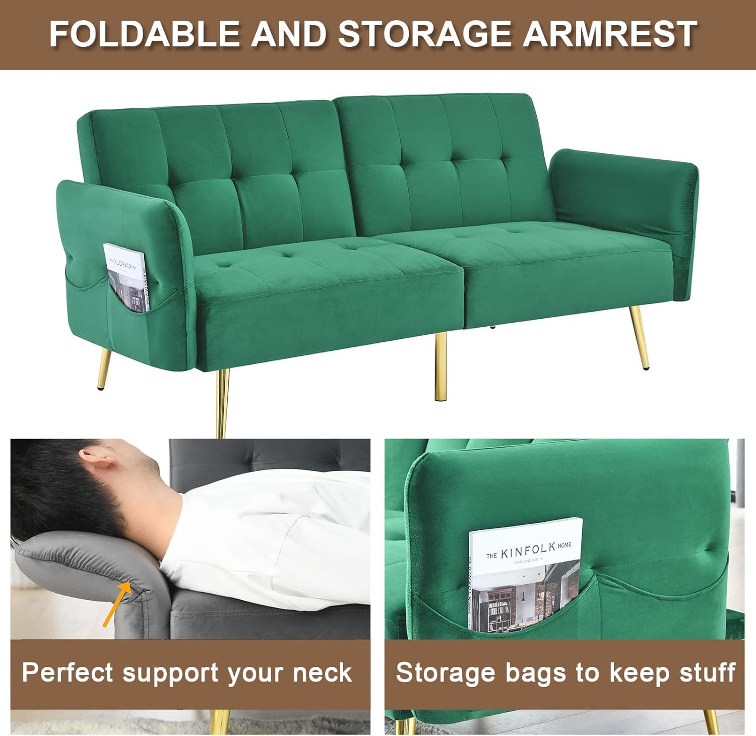 WinJoy Convertible Futon Sofa Bed with Folded Arms, Multi-Functional Velvet Sleeper Bed Reversible Couches with Storage and Adjustable Backrest, Armrests for Living Room, Apartment, Small Space Green
