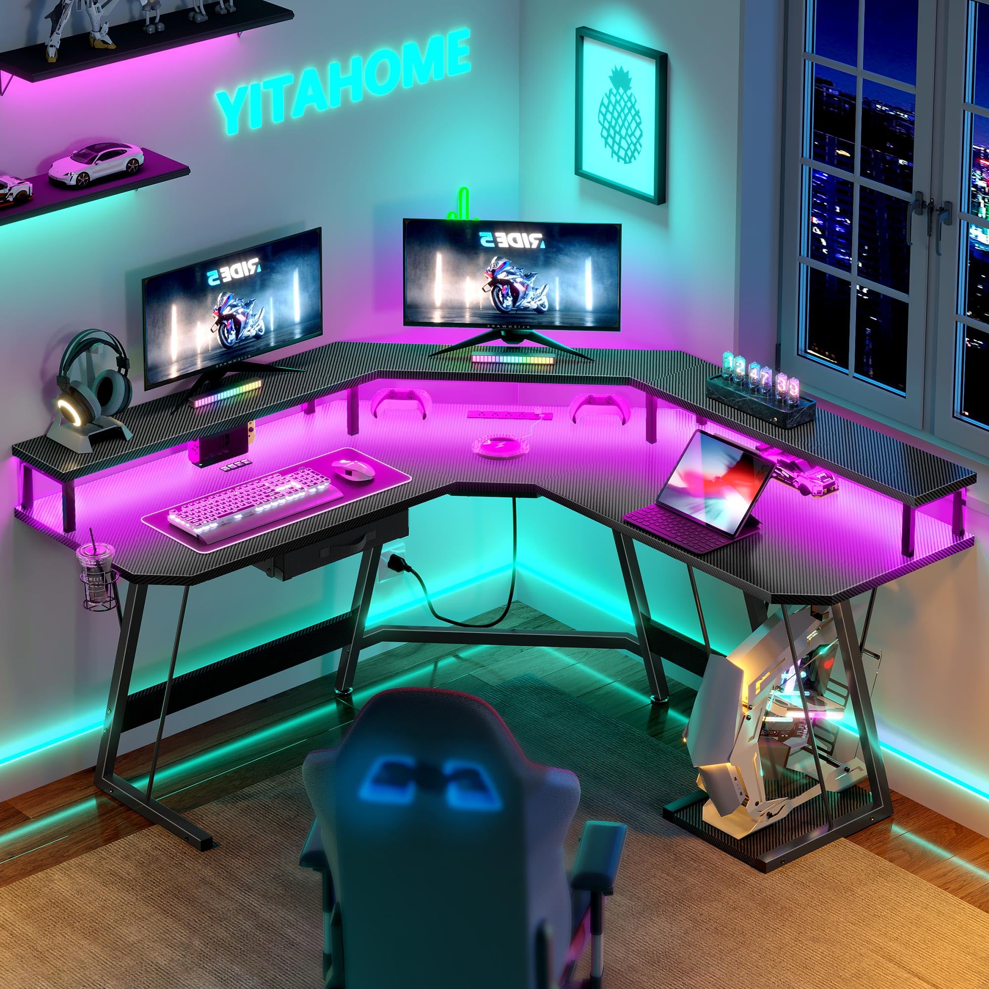 YITAHOME L Shaped Gaming Desk with LED Lights & Power Outlets, 55" Computer Desk with Drawer & Monitor Stand & Carbon Fiber Surface, Home Office Corner Desk with Cup Holder & Hook, Black