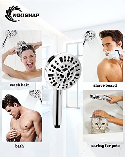 NIKISHAP 10-Mode Shower Head with High Pressure, Polished Finish, Handheld Design, Adjustable Bracket, 5 Ft Hose, and Built-in Power Wash to Clean Tub, Tile, and Pets