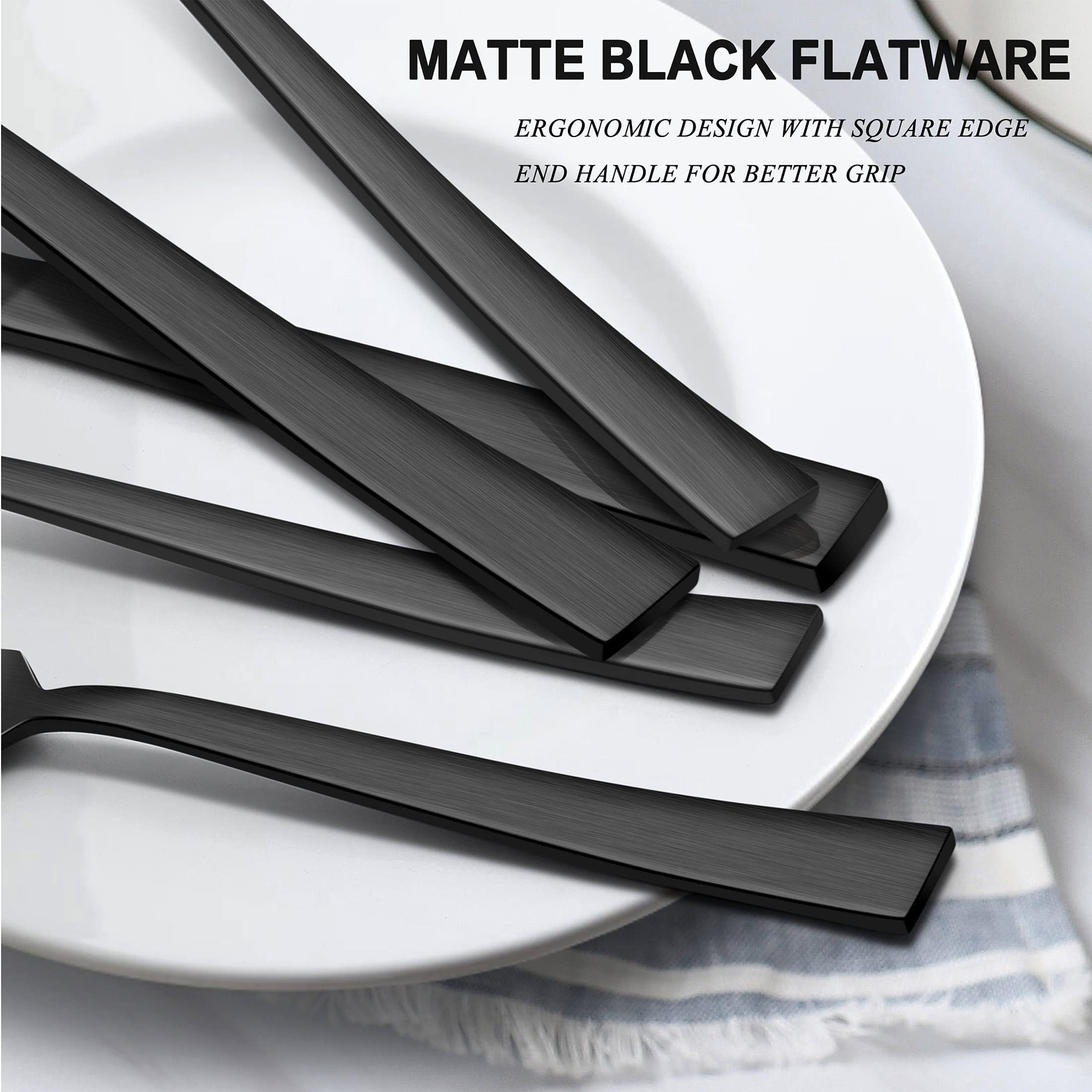 LIANYU 45-Piece Matte Black Silverware Set with Serving Utensils, Stainless Steel Flatware Cutlery Set for 8, Square Tableware Eating Utensils Set for Wedding Home, Satin Finish, Dishwasher Safe