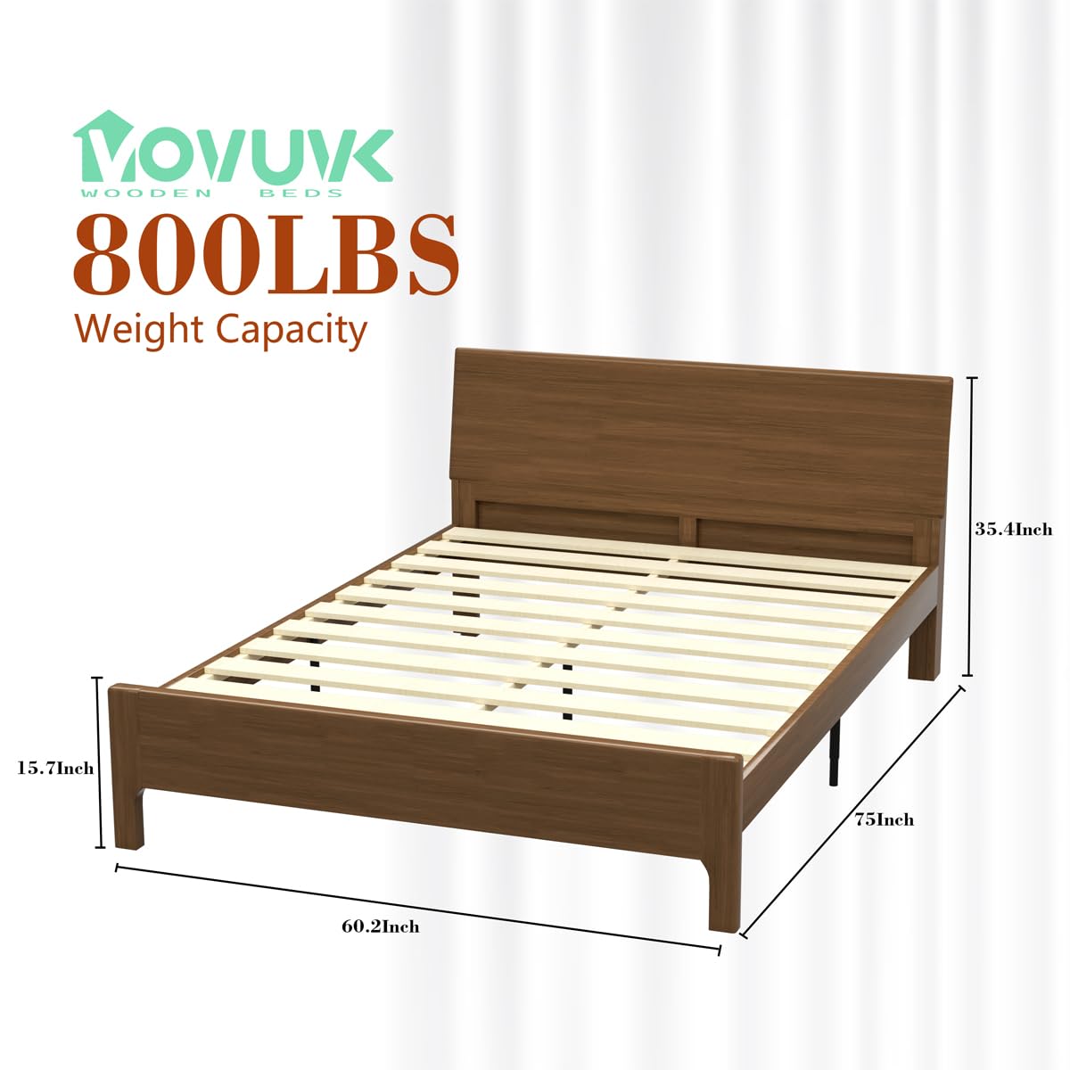 VOVUVK Queen Solid Wood Bed Frame with Headboard, Mid Century Modern Wooden Platform Bed, Wooden Bed Slats, No Box Spring Needed, Noise Free Easy Assembly (Walnut)