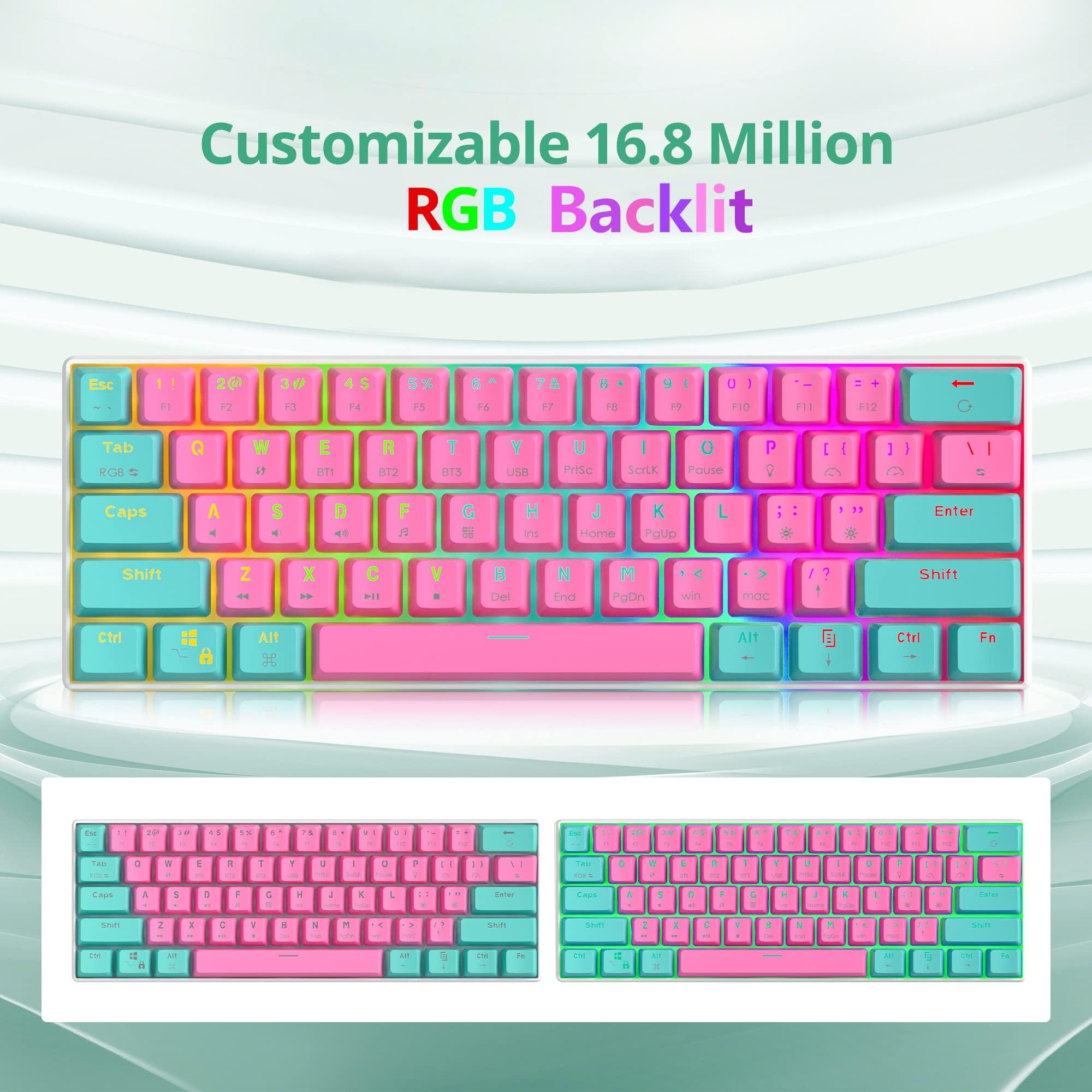 Owpkeenthy Pink 60% Wireless Gaming Keyboard Mechanical, RGB Bluetooth Compact Mini Keyboard with Backlit PBT Keycaps for MAC PC Gamer (Blue Switch/Miami)