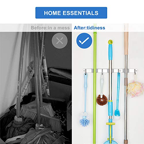 VOSIGREEN Broom & Mop Holder, Wall Mount Organizer Hanger for Rakes, Utensils, Tools-3 Clamps, 4 Hooks-17” Self Adhesive or Drillable Installation-For Kitchen, Garage, Garden, Office, Closet, 2 Pack