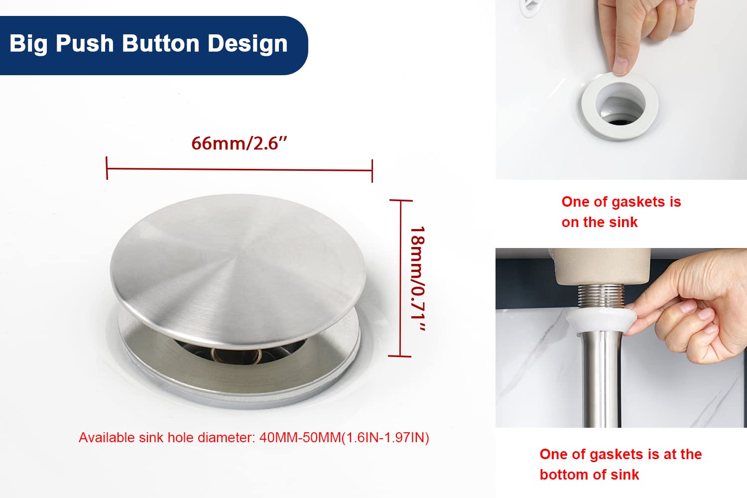 NearMoon Bathroom Sink Drain Without Overflow, 304 Stainless Steel Pop up Drain with Detachable Strainer Basket, Anti-Clogging Hair Catcher Assembly Stopper Vessel Sink (Brushed Nickel)